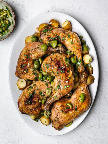 Sheet Pan Chicken and Potatoes with Green Olive Salsa - Sandra Valvassori